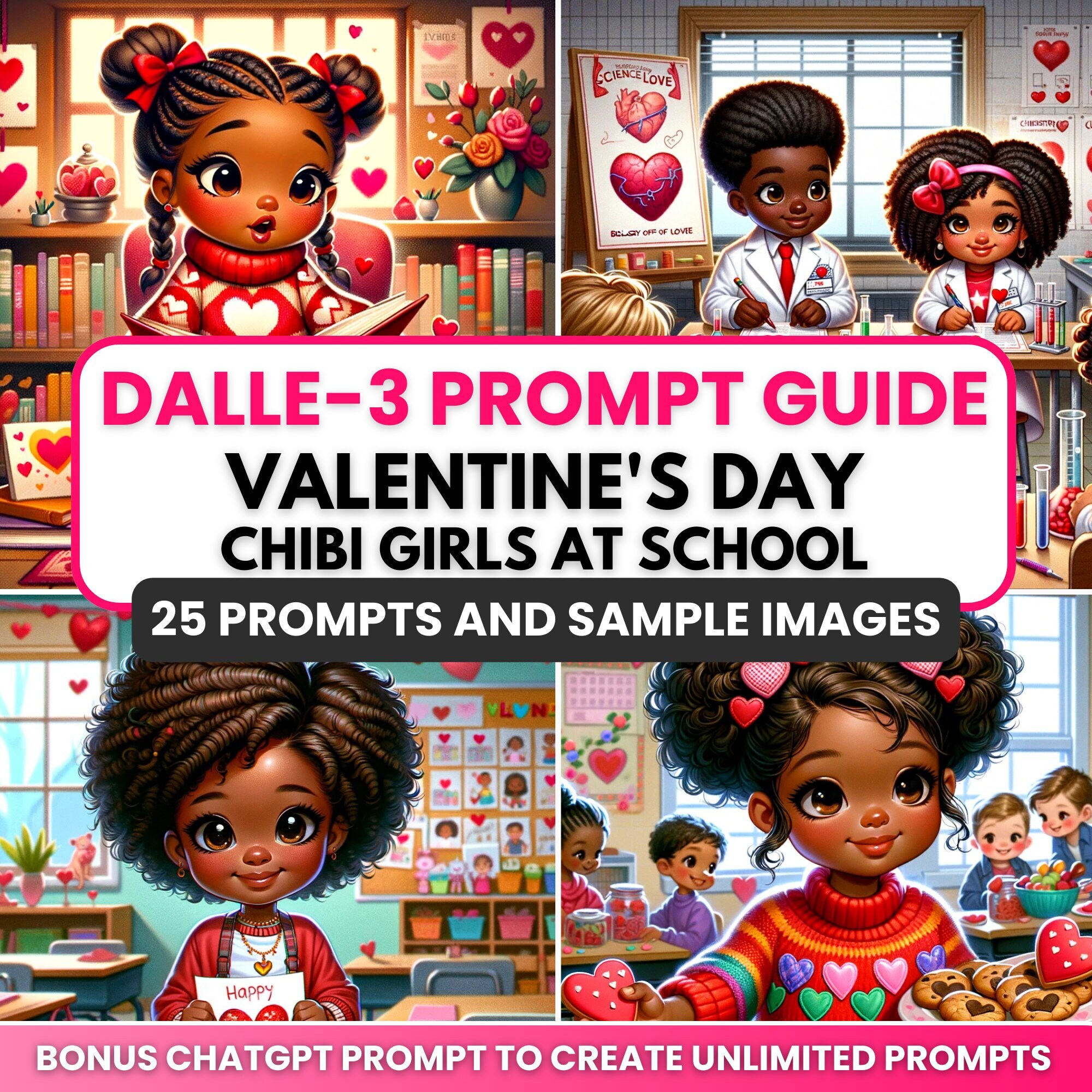 Dalle 3 Prompt Guide & Chatgpt V4 Valentine's Day Chibis Girls 25 AI Prompts 25 AI Images PNG ...