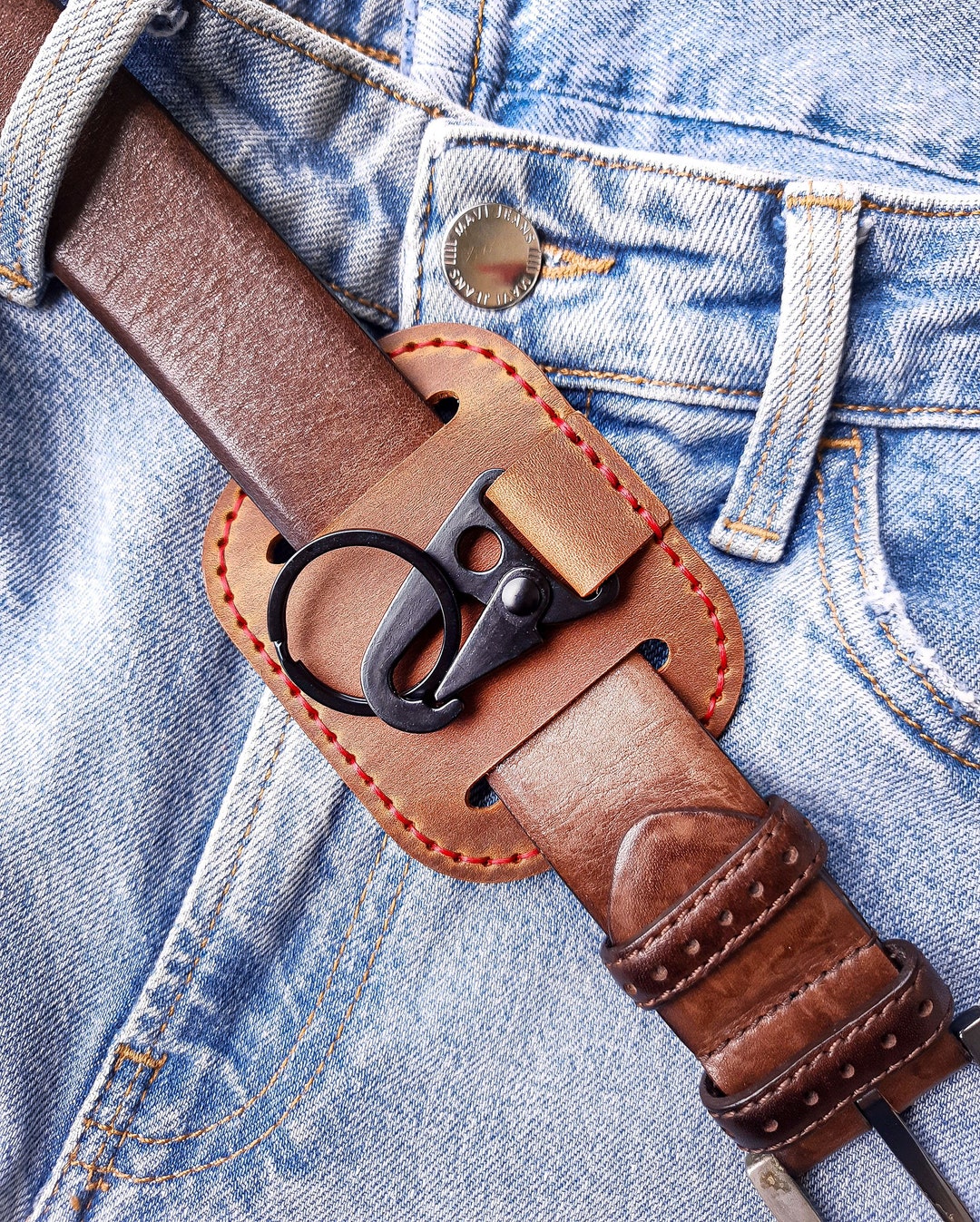 Leather Carabiner Tactical Keychain Belt Clip Holder Belt EDC Key Hook ...