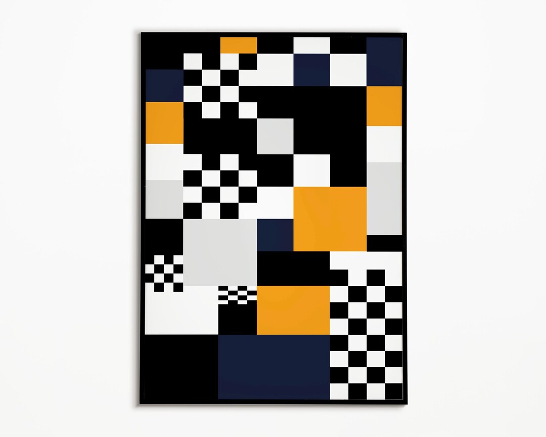 Geometric Checkerboard Art | Modern Abstract Print | Yellow and Black ...