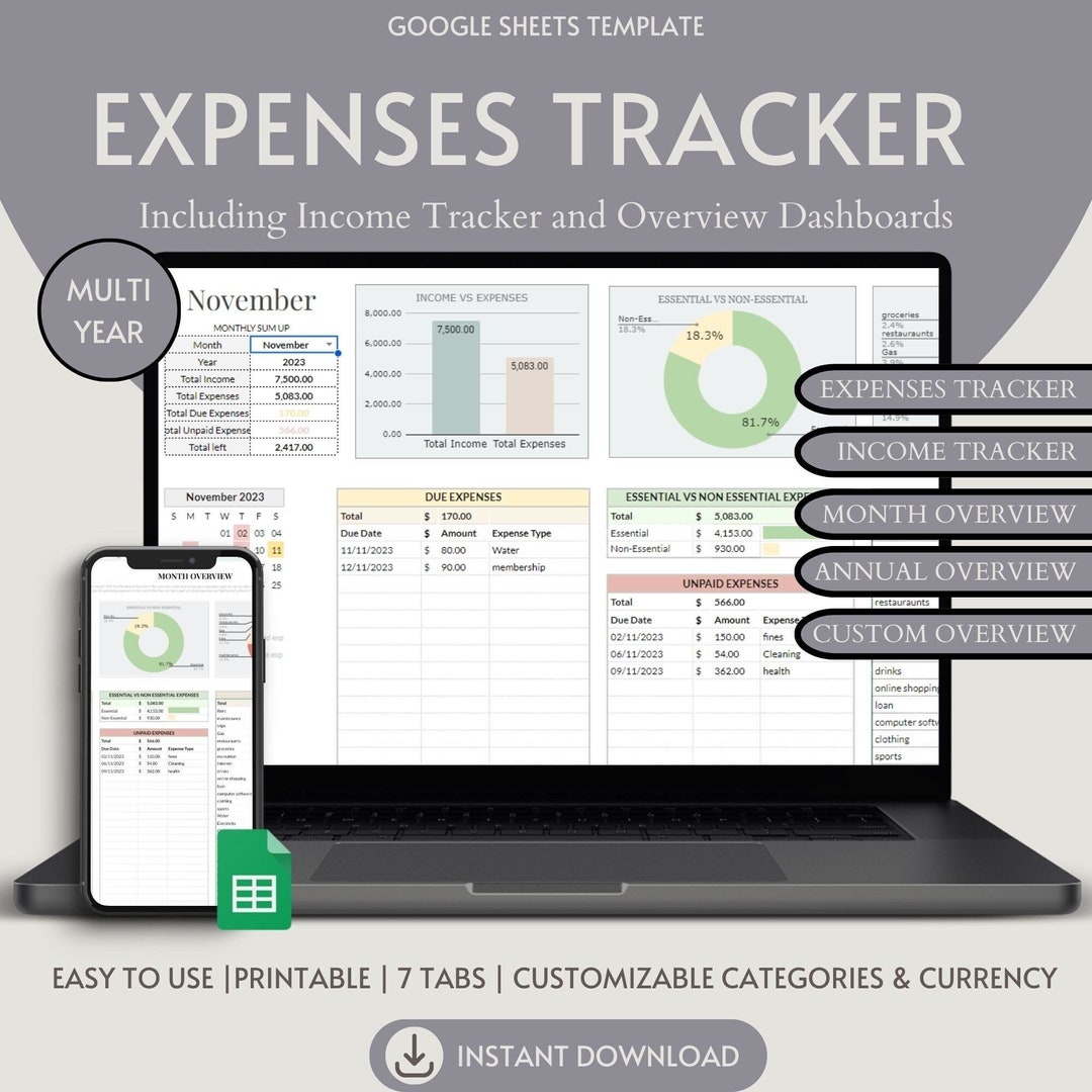Expenses Tracker Google Sheets Printable Template Spreadsheet Business Planner Worksheet Expense ...