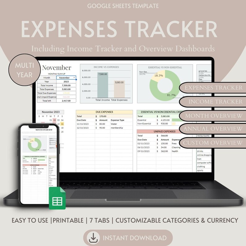 Expenses Tracker Google Sheets Printable Template Spreadsheet Business ...