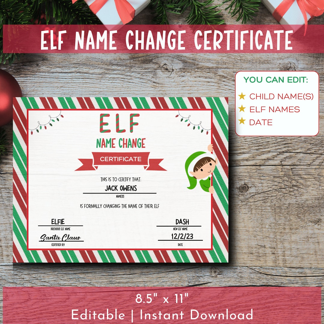 Editable Elf Name Change Certificate | Elf Name Generator | Printable ...