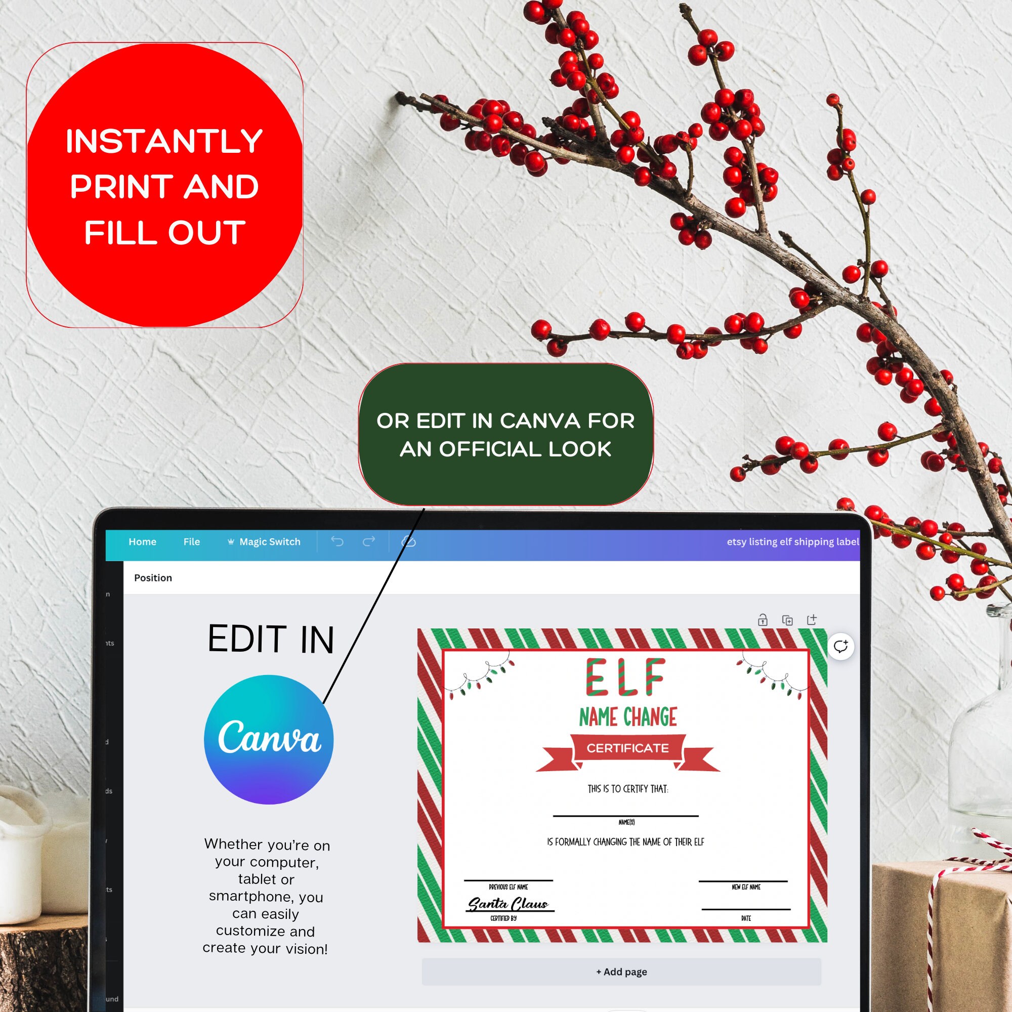 Editable Elf Name Change Certificate | Elf Name Generator | Printable ...