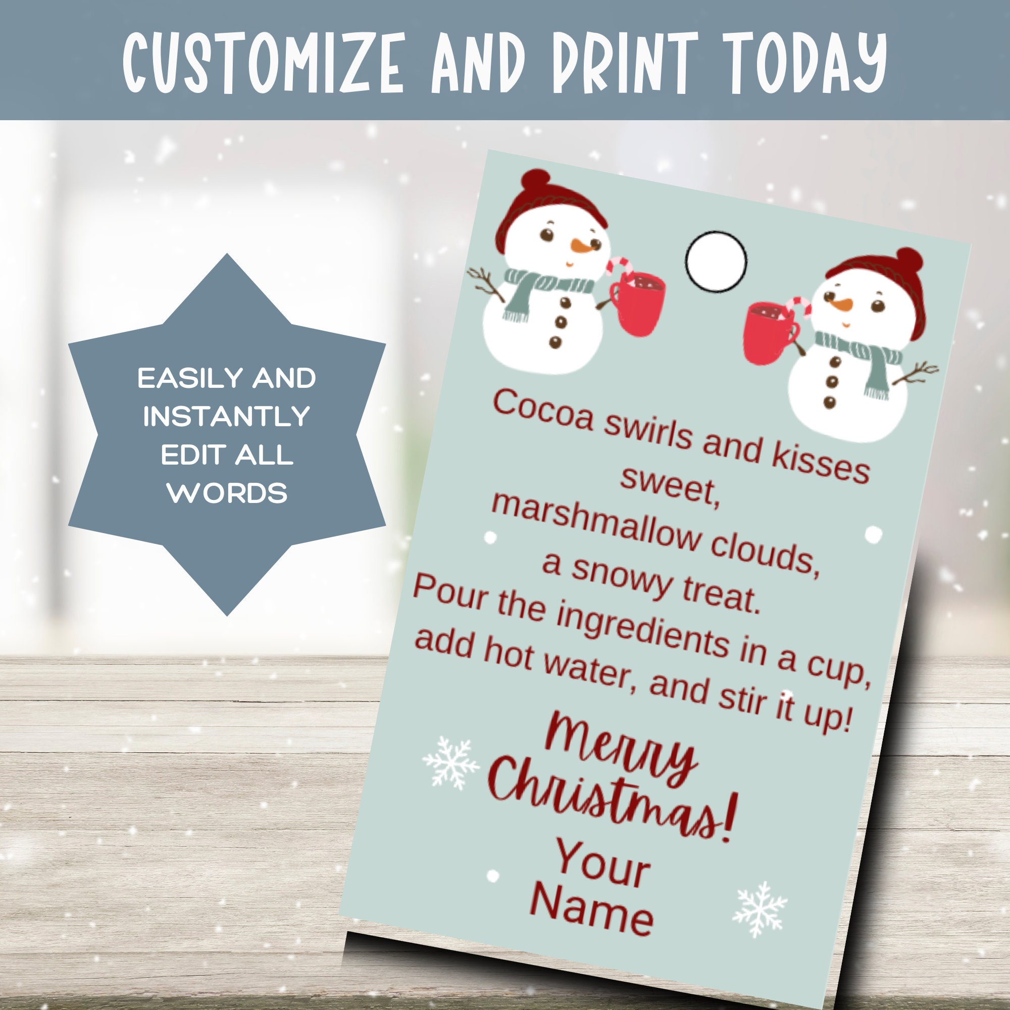 Snowman Soup Hot Cocoa Printable School Treat Classroom Holiday Treat ...