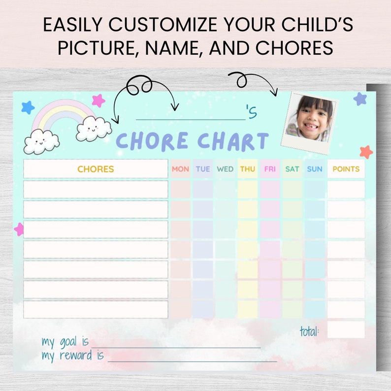 Customizable Chore Chart for Kids Editable Kids Reward Chart Toddler ...