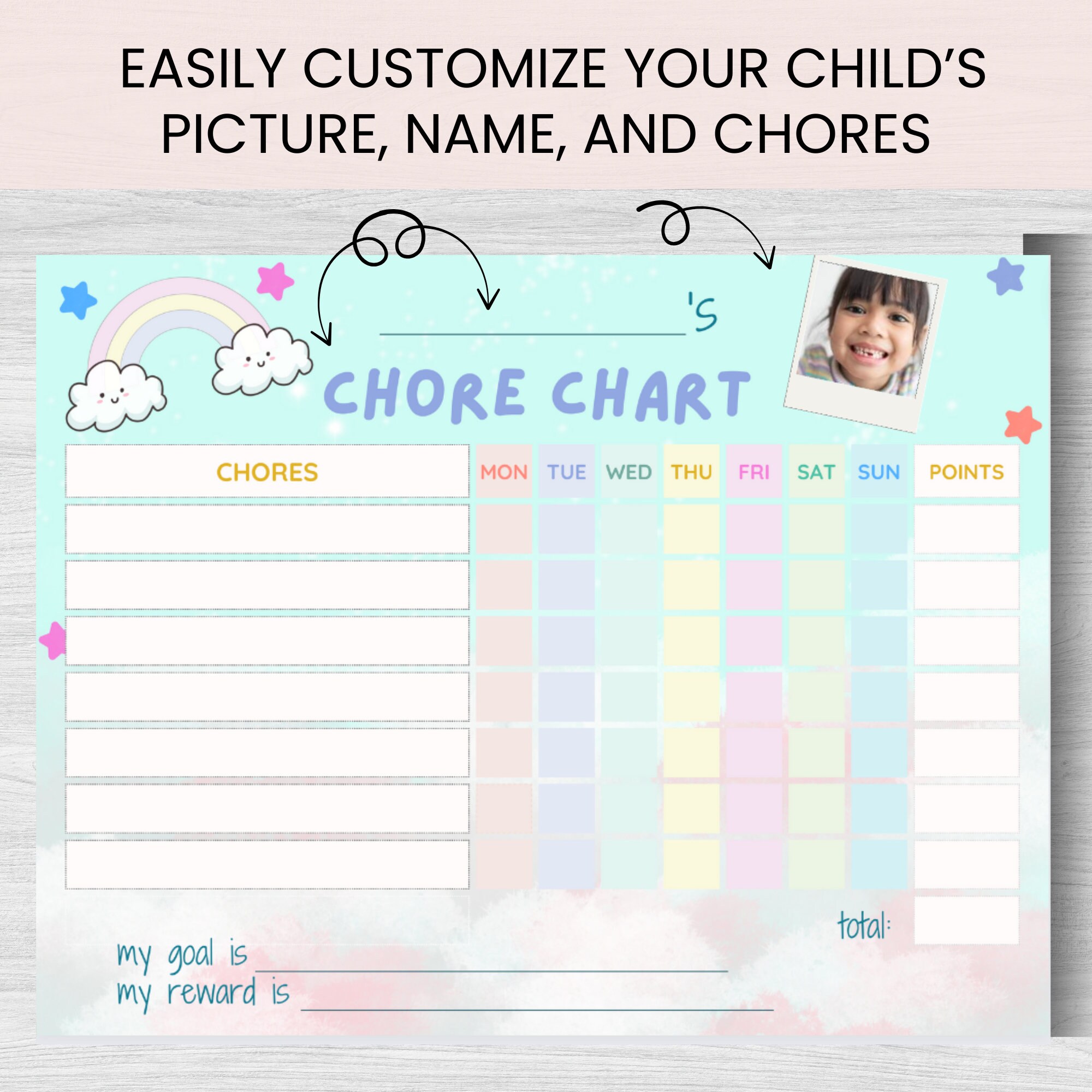 Customizable Chore Chart for Kids Editable Kids Reward Chart Toddler ...
