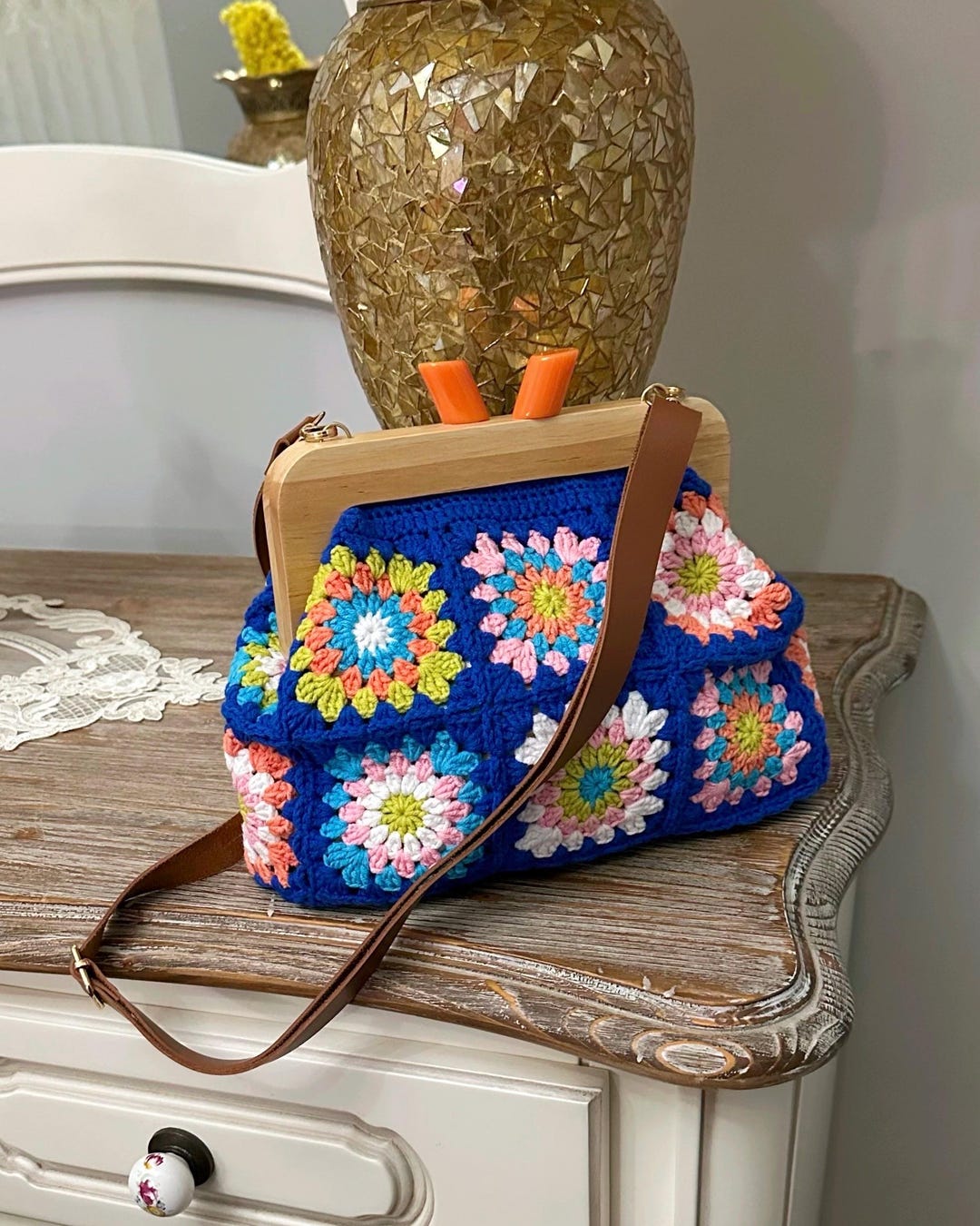 Crochet Weasel Flower Clutch Lined Bag, Crochet Wooden Kiss Lock Clasp ...