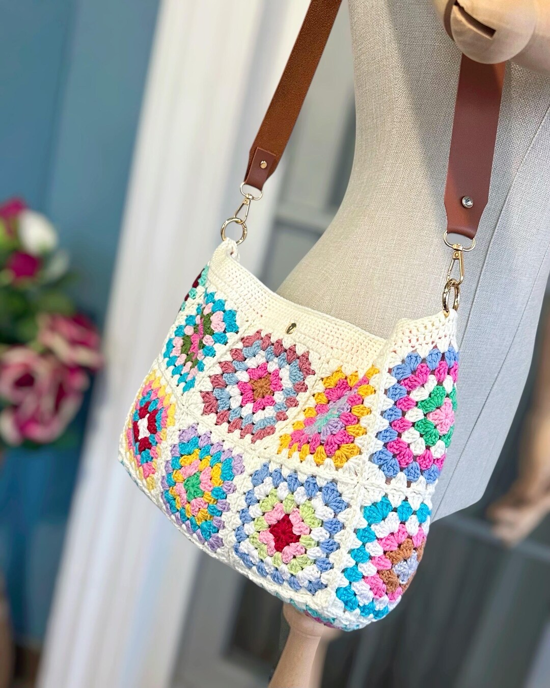 Handmade Granny Square Crochet Tote Bag, Knitted Bag With Leather ...