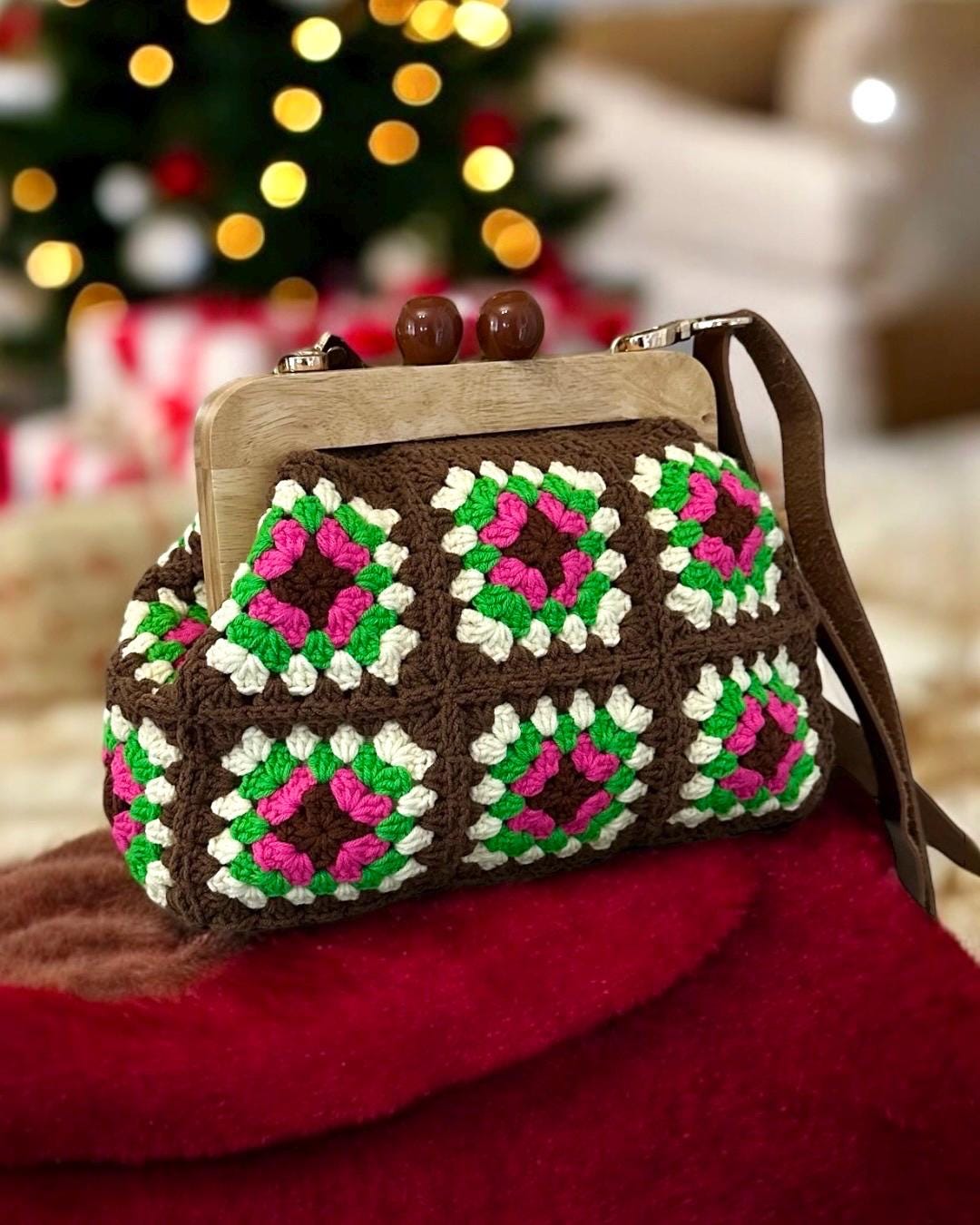 Crochet Weasel Flower Clutch Lined Bag, Crochet Wooden Kiss Lock Clasp ...