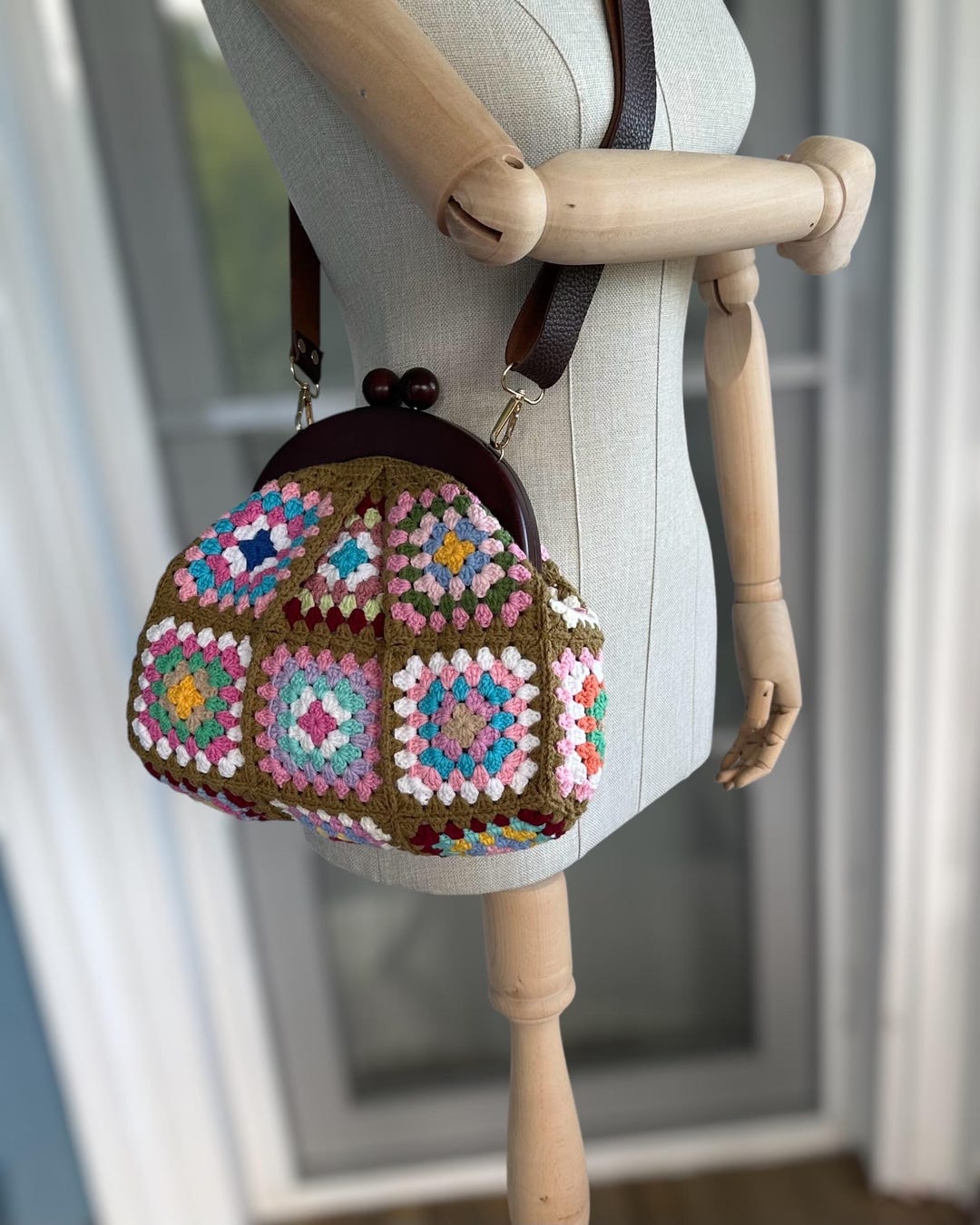 Crochet Weasel Flower Clutch Lined Bag, Crochet Wooden Kiss Lock Clasp ...