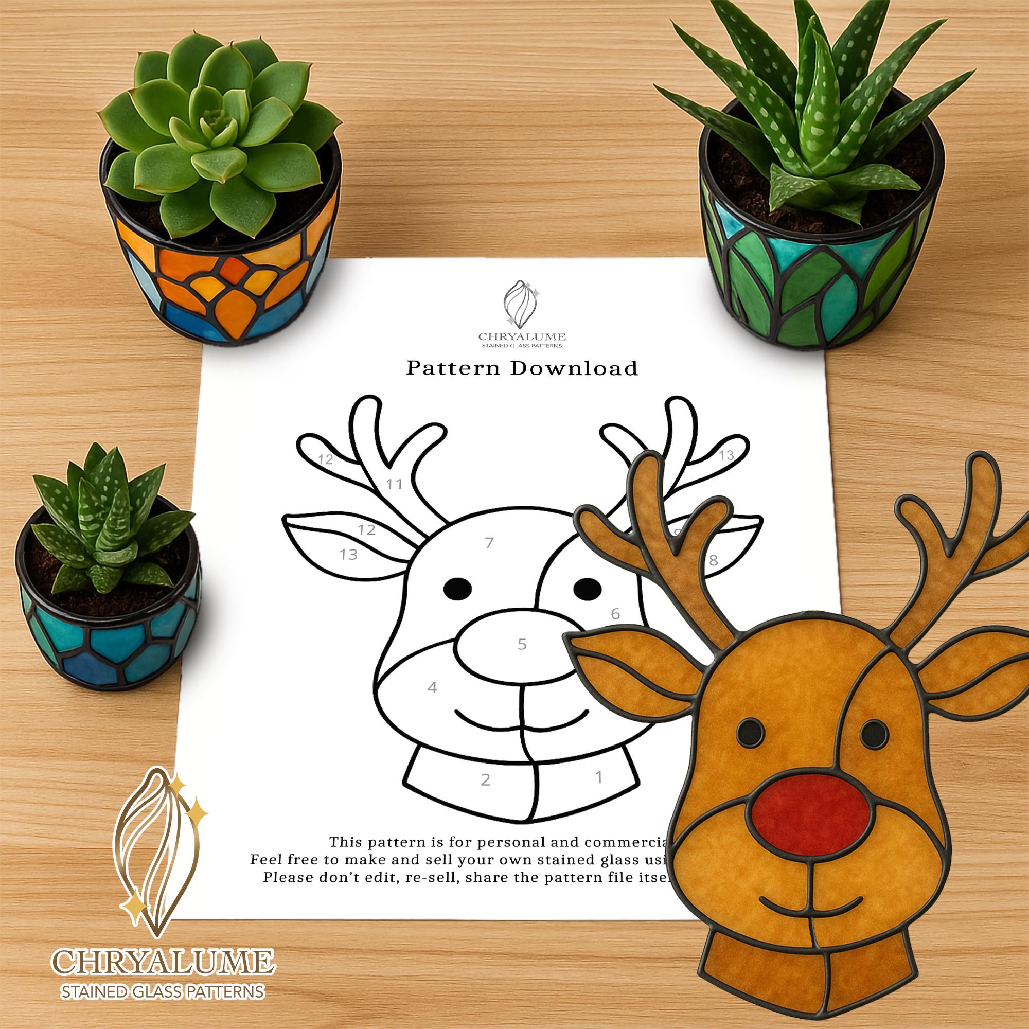 Rudolph Reindeer Stained Glass Pattern: Xmas Suncatcher DIY (PDF) - Etsy