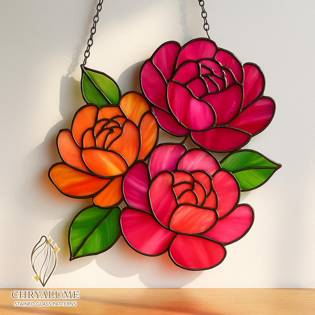 Peonies Stained Glass Pattern: DIY Suncatcher Flowers (digital Download ...