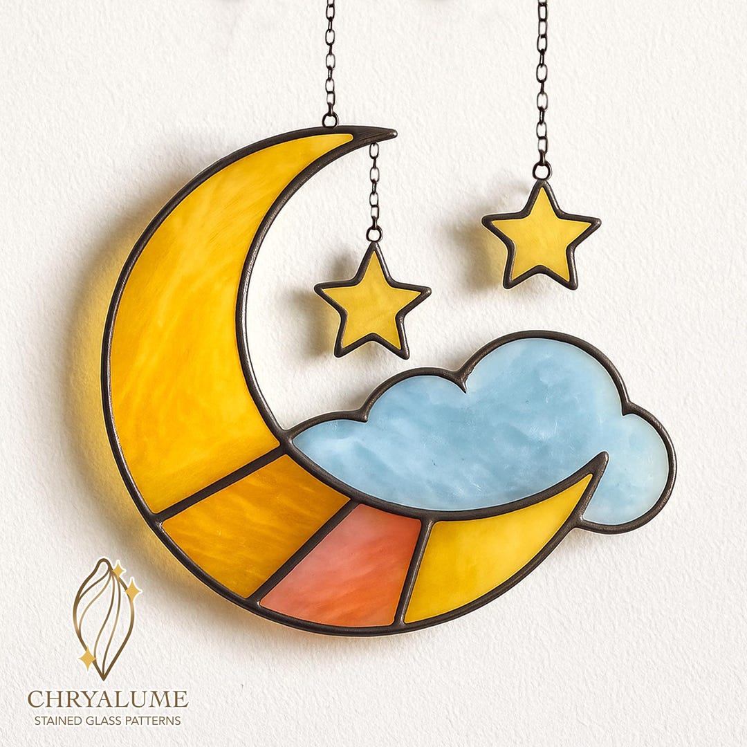 Crescent Moon & Stars Stained Glass Pattern: DIY Suncatcher (PDF ...