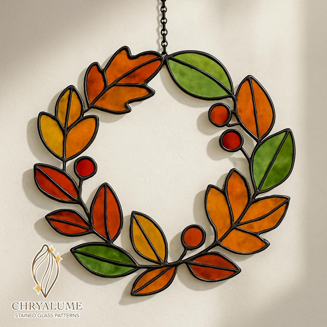 Autumnal Garland Leaves Stained Glass Pattern, Fall Leaf Stained Glass ...