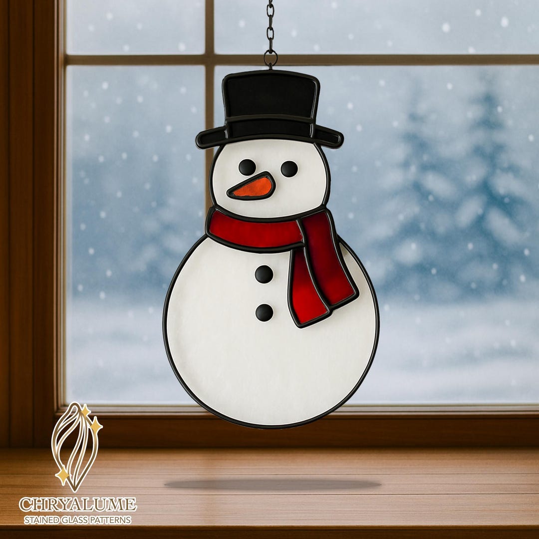 Winter Snowman Stained Glass Pattern, Xmas Snowman Suncatcher, Holiday ...