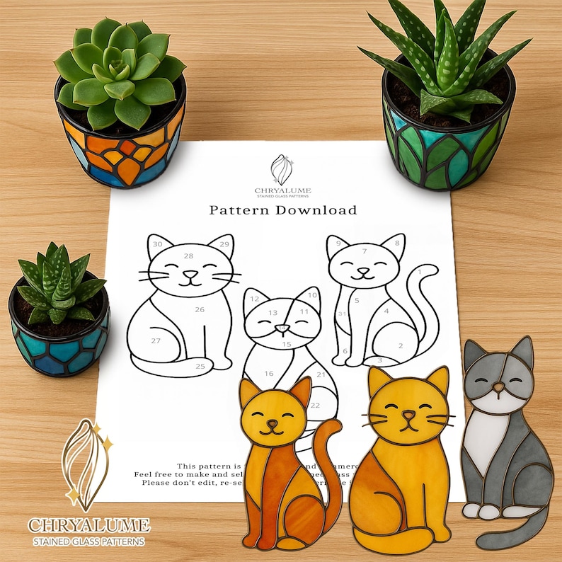 3 Cats Stained Glass Pattern Set: Cats Suncatcher Window Decor (PDF ...