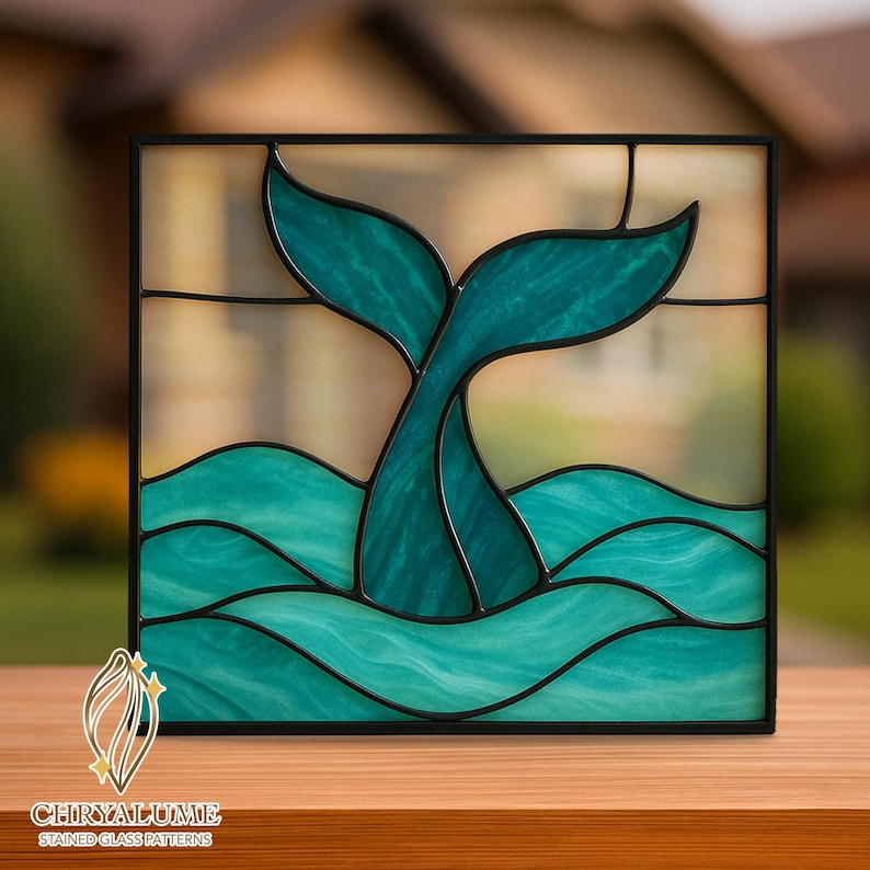 Blue Whale Stained Glass Pattern: Ocean Waves Suncatcher (PDF Instant ...