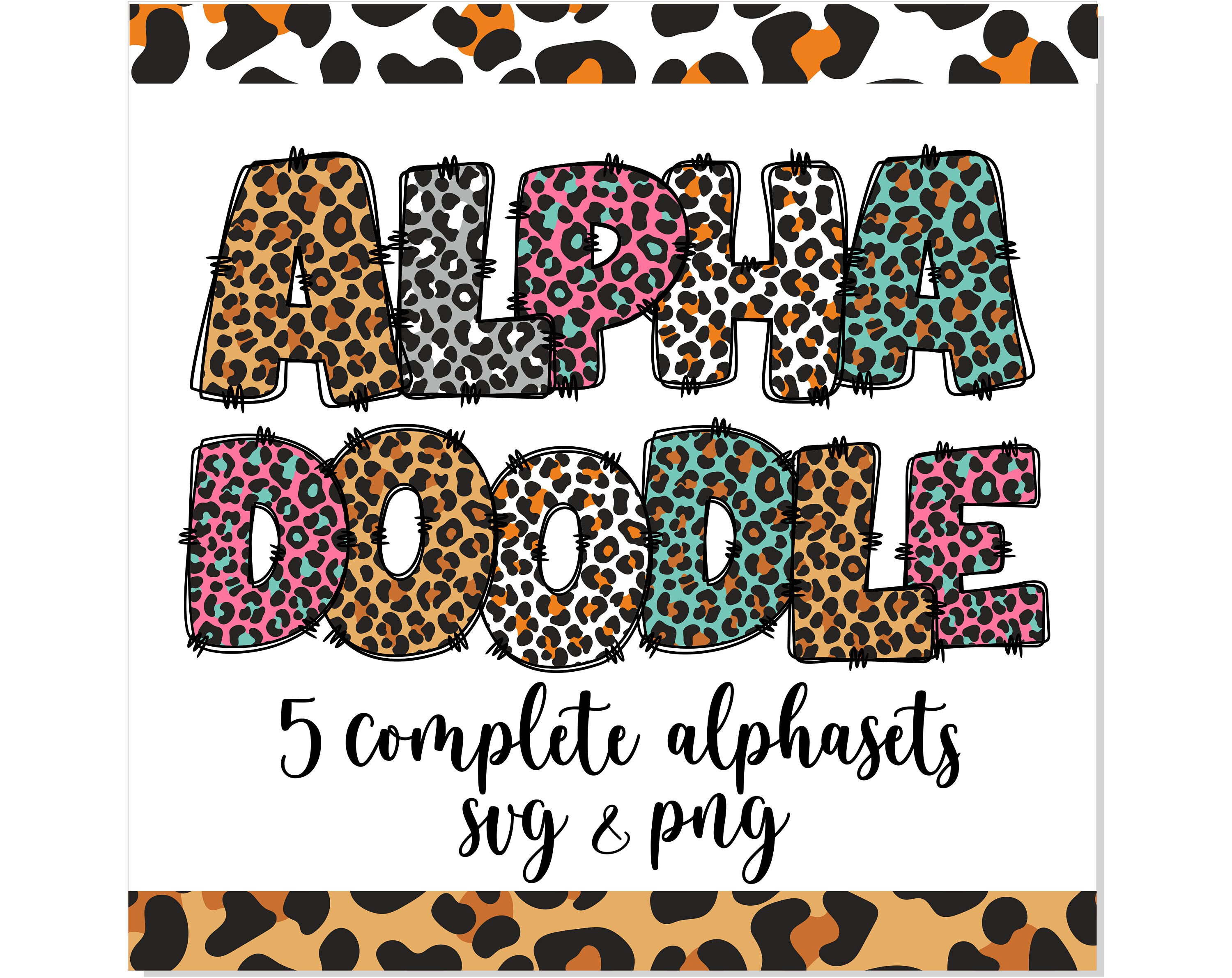 5 Set Leopard Doodle Alphabet Letters SVG PNG Bundle, Doodle Leopard ...