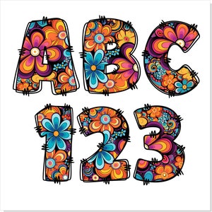 Doodle Hippie Groovy Flowers Alphabet Letters PNG, Doodle Flowers ...