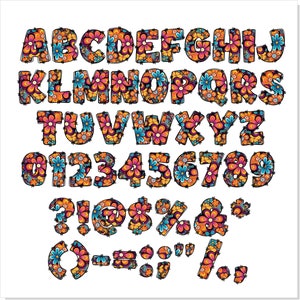 Doodle Hippie Groovy Flowers Alphabet Letters PNG, Doodle Flowers ...