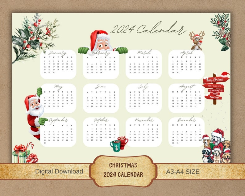 Printable 2024 Christmas Calendar, 2024 Noel Yearly Wall Calendar, New ...