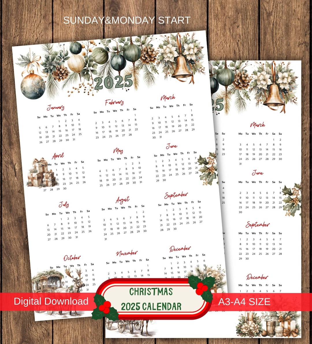 Printable 2025 Christmas Calendar, 2025 Noel Yearly Wall Calendar, New ...