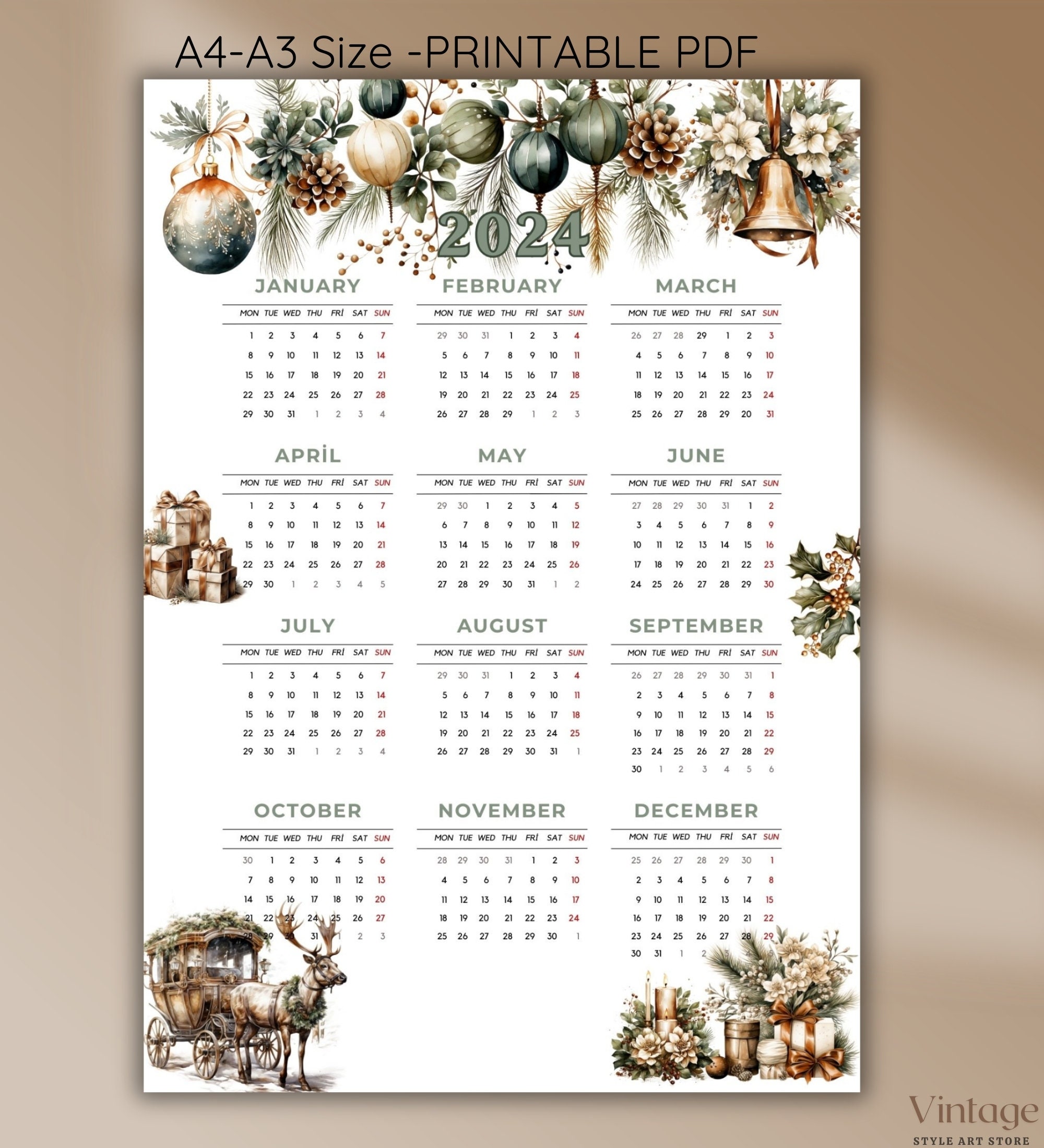 Printable 2024 Christmas Calendar, 2024 Noel Yearly Wall Calendar, New ...