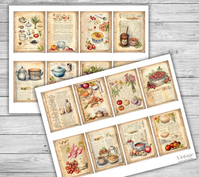 Set of 40 Vintage Recipe Scrapbook ATC Card, Printable Mini Papers ...