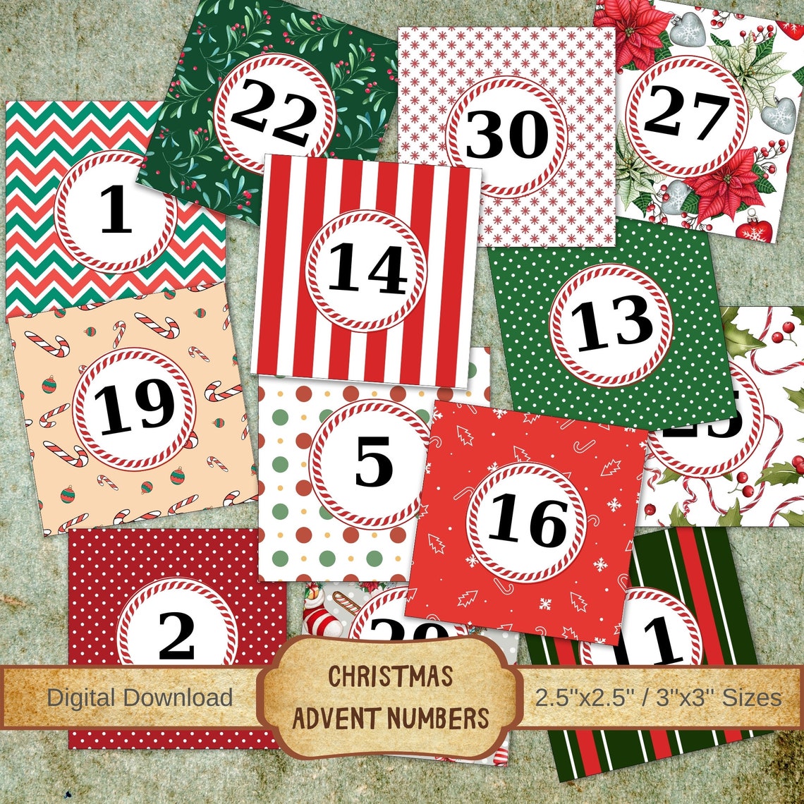 Printable Christmas Advent Number Cards,diy Festive Holiday Decorations ...