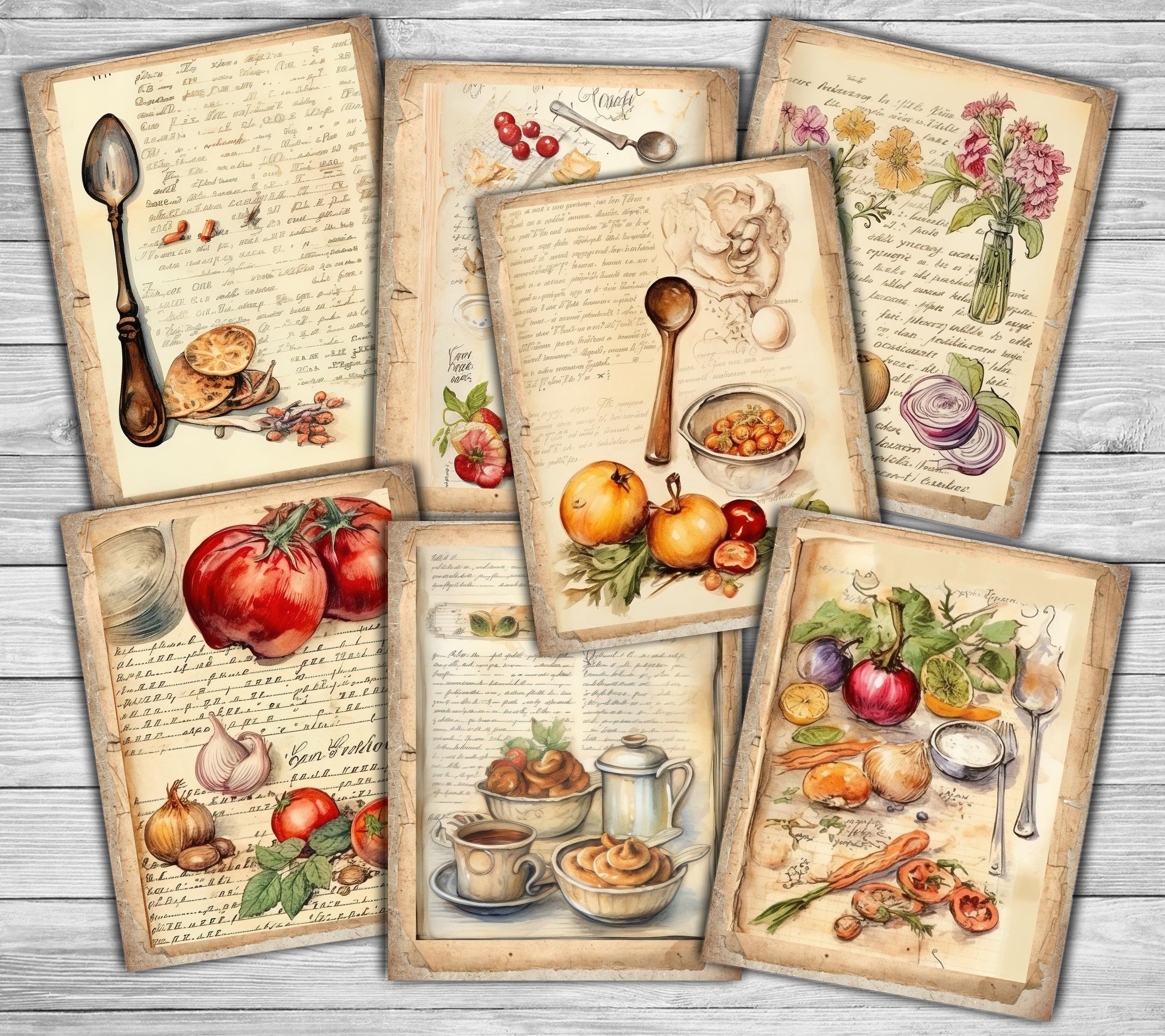 Set of 40 Vintage Recipe Scrapbook ATC Card, Printable Mini Papers ...