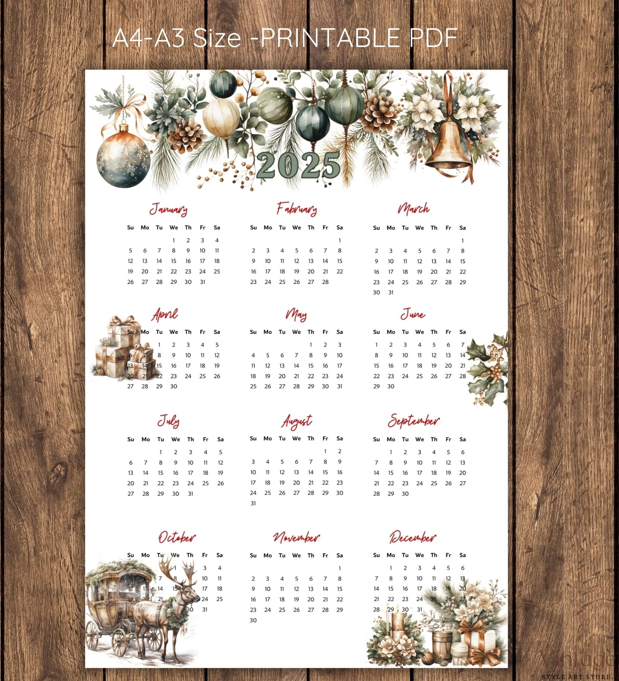 Printable 2025 Christmas Calendar, 2025 Noel Yearly Wall Calendar, New ...
