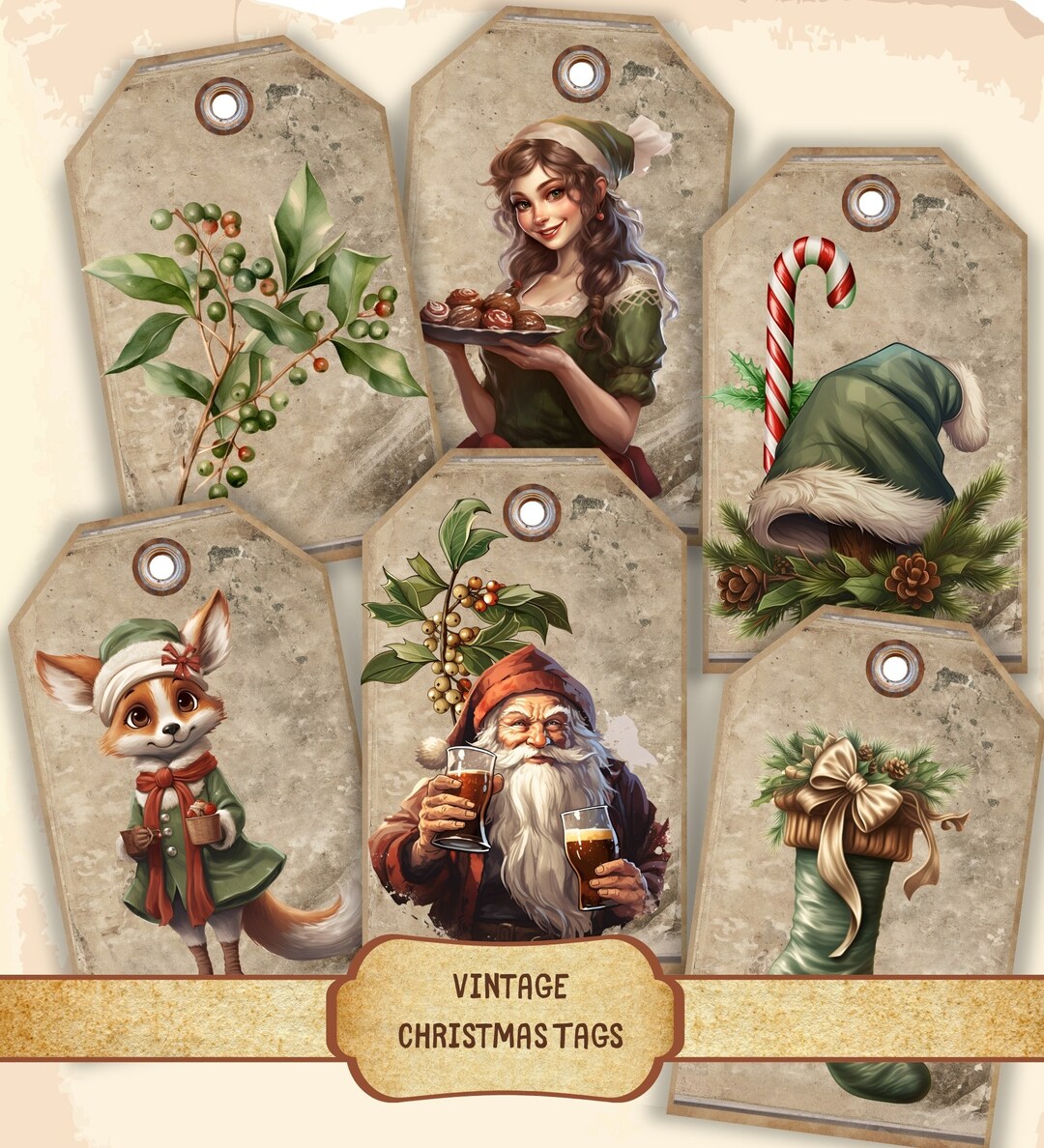 Printable Vintage Christmas Tags, Holiday Gift 6 Labels,digital DIY ...