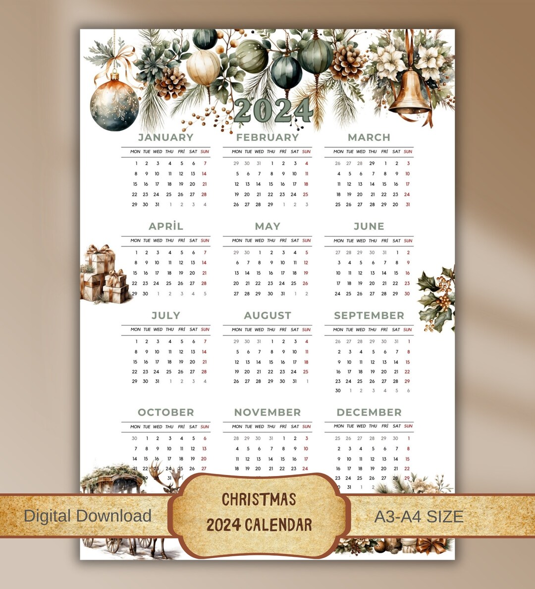 Printable 2024 Christmas Calendar, 2024 Noel Yearly Wall Calendar, New ...