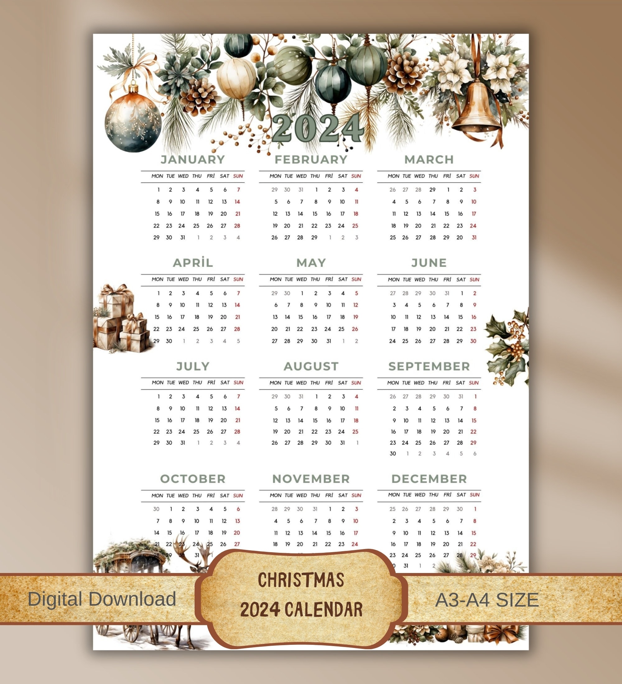 Printable 2024 Christmas Calendar, 2024 Noel Yearly Wall Calendar, New ...