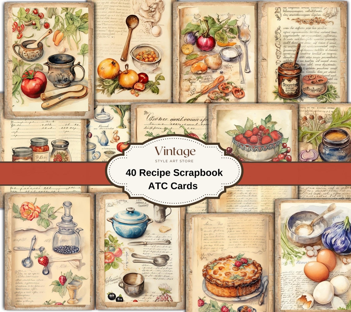 Set of 40 Vintage Recipe Scrapbook ATC Card, Printable Mini Papers ...