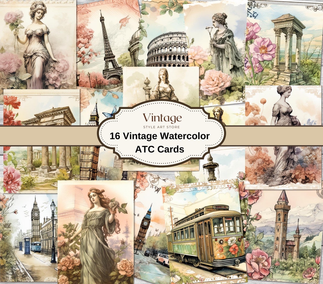 Set of 16 Vintage Watercolor ATC Cards, Vintage Inspired Ephemera ...