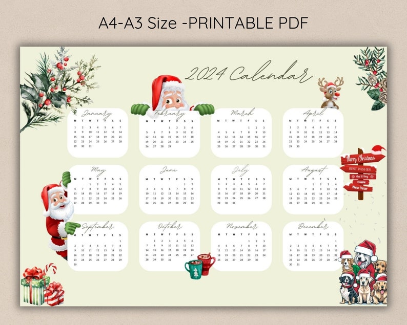 Printable 2024 Christmas Calendar, 2024 Noel Yearly Wall Calendar, New ...
