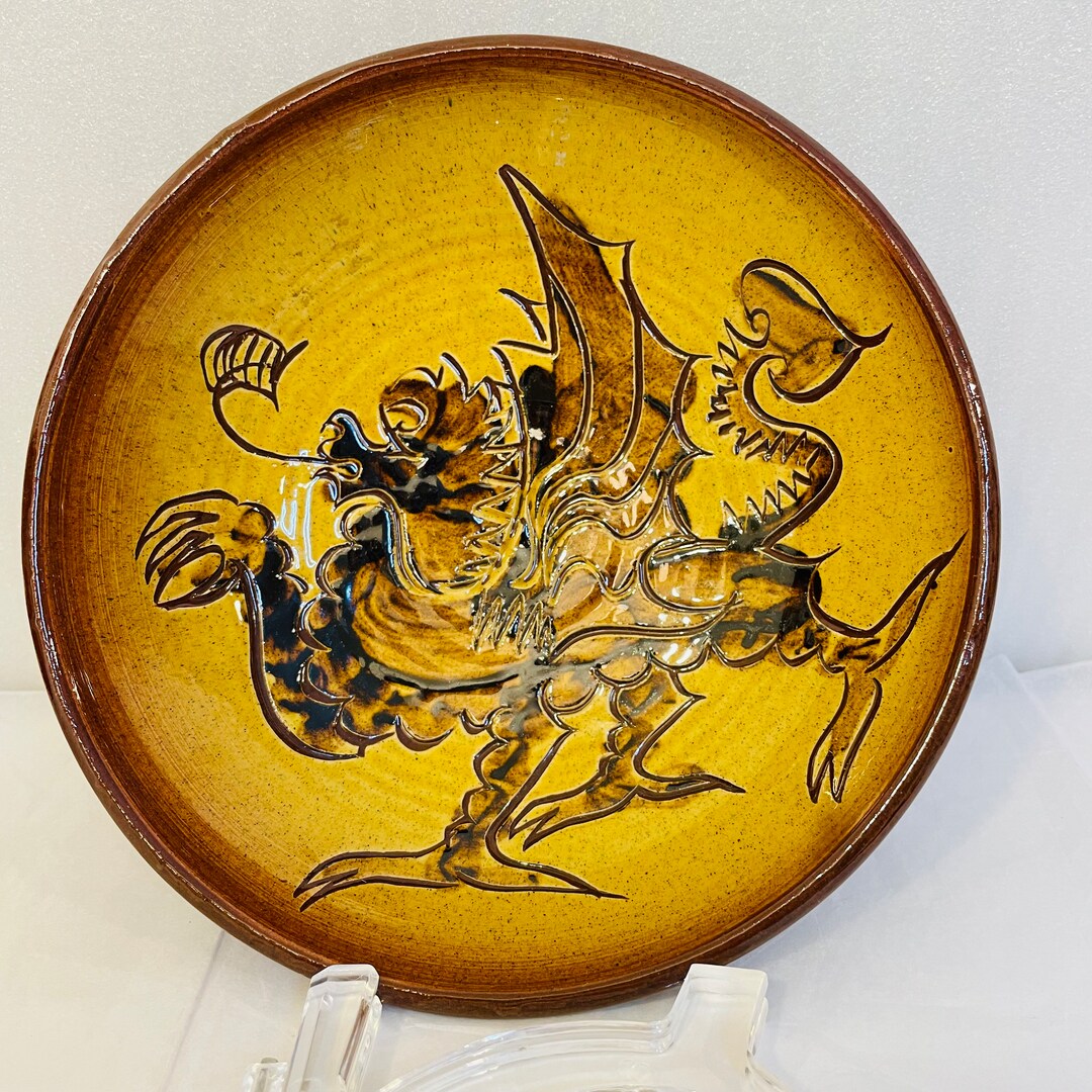 Fire Breathing Dragon Art Pottery Bowl Honey Brown Signed Handmade in ...