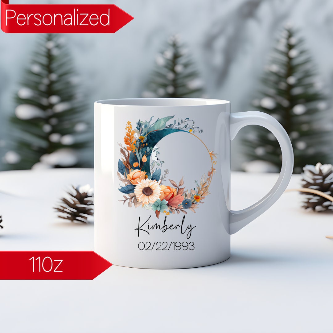 Personalized Name &date, Floral Gifts For, Moon Wildflower 110z, Cofee ...