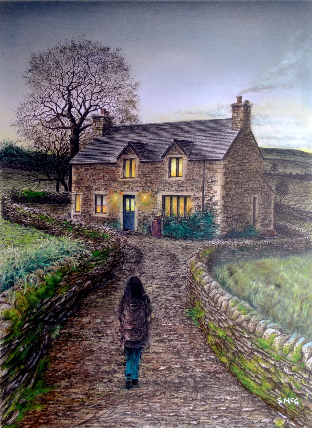 Rustic Cottage Art Print, Landscape Painting at Dusk, Countryside Art ...
