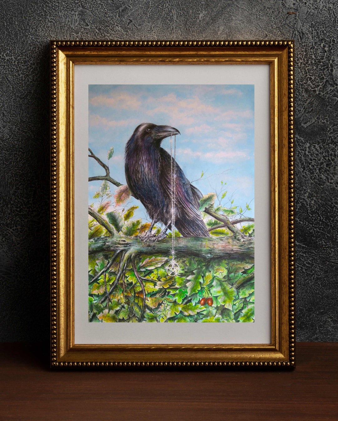 Elegant Raven Art Print Corvid Perched On Branch With Pentagram