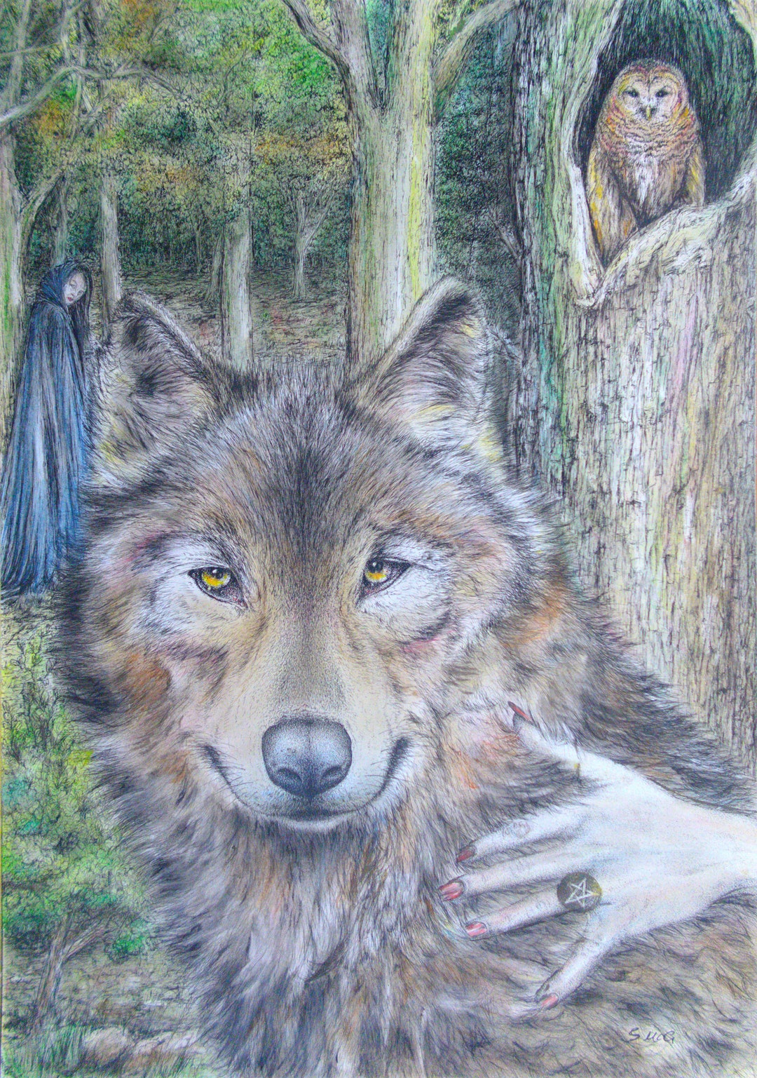 Witch and Wolf Art Print, Witch in Woods, Wolf Art Print, Folklore Art ...