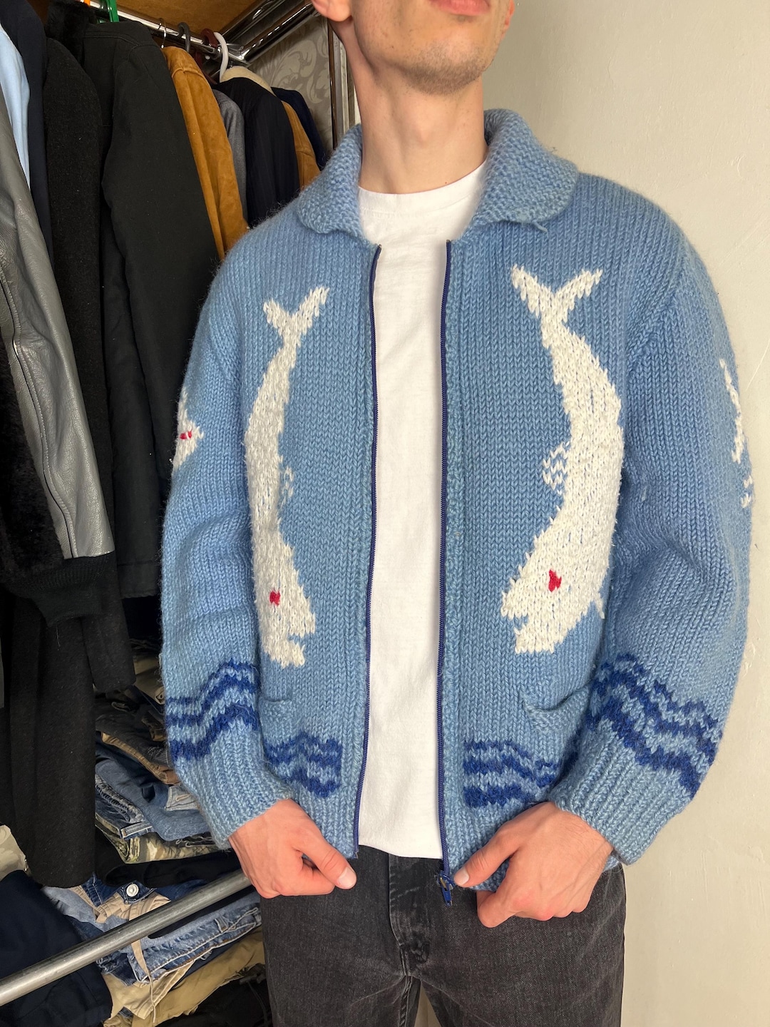 Cowichan Handknitted Fishing Whale Them Wool Cardigan Jacket Opti Zip ...