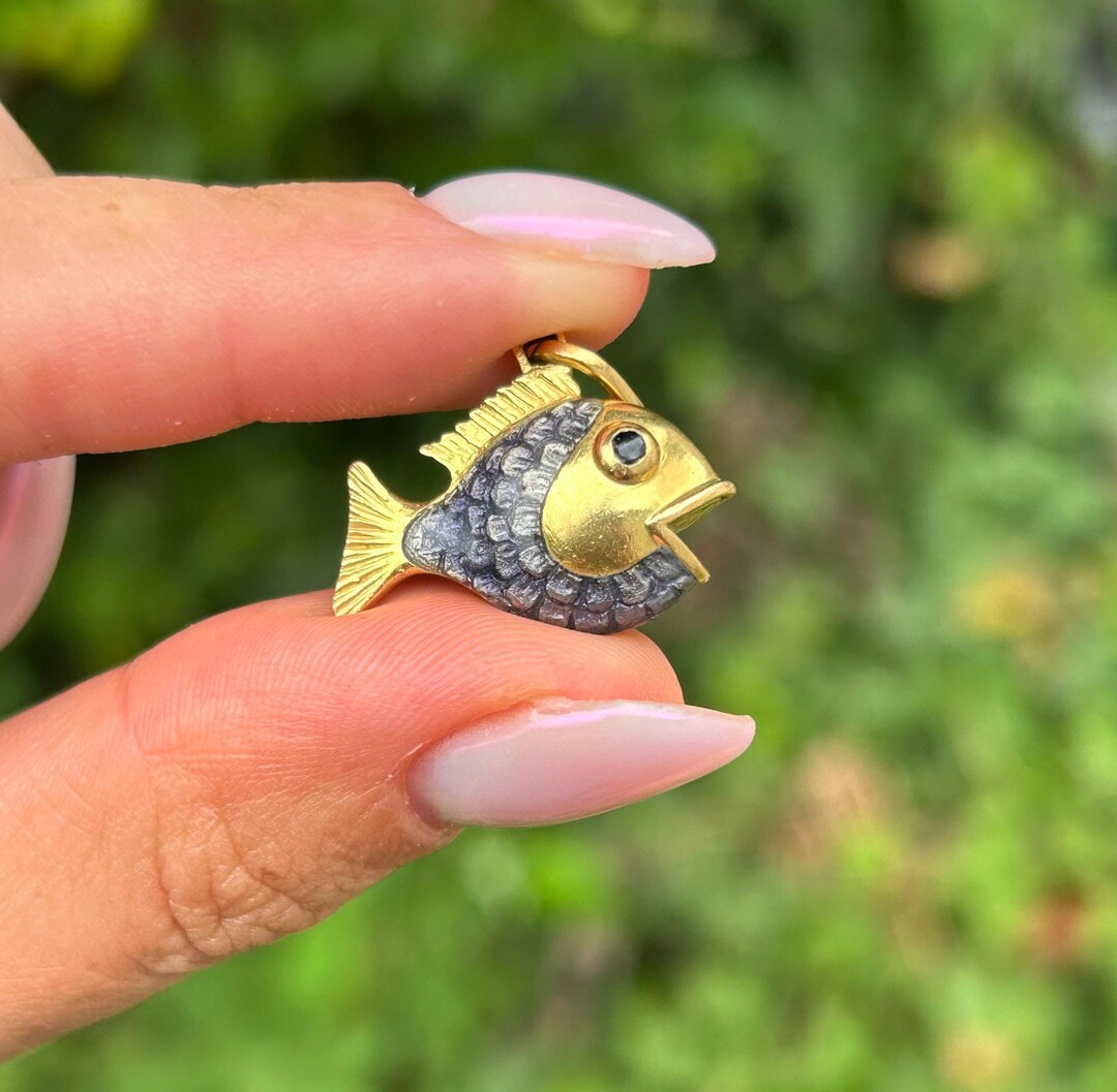 18ct Gold Fish Charm | Blue & Gold Enamel Solid 18k Fish Charm | Solid ...