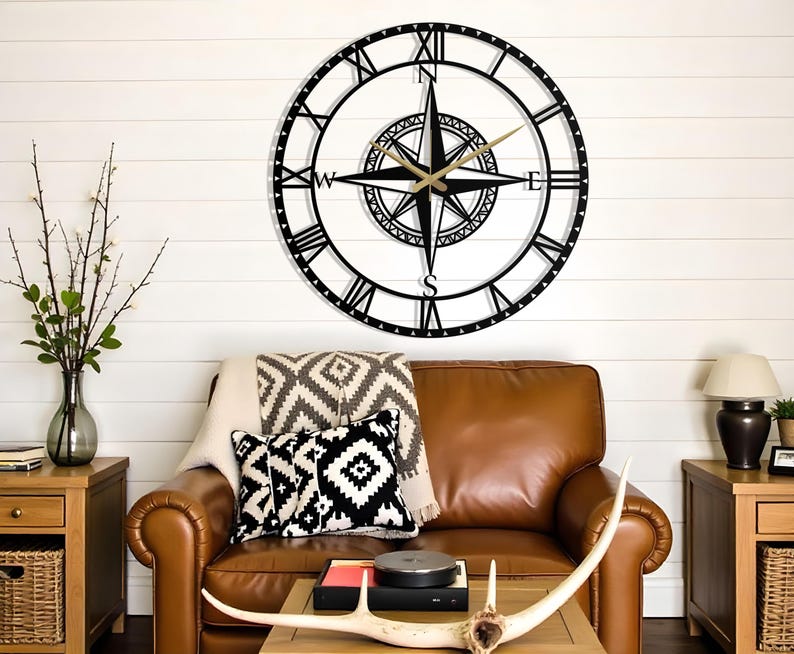 Metal Compass Wall Clock | Silent Modern Home Decor | Clocks for Wall ...