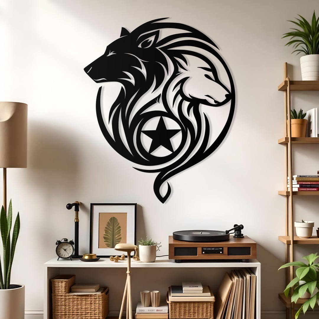 Metal Two Wolves Wall Art | Abstract Dual Wolf Head Decor | Unique ...