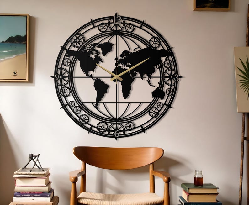 World Map Metal Wall Clock | Silent Compass Clock | Unique Traveler Gift - Etsy