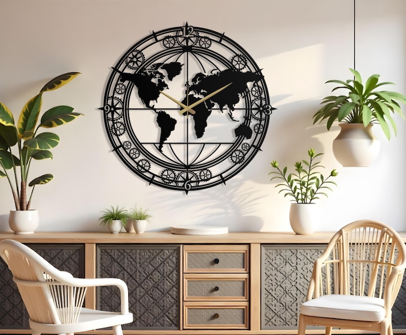 World Map Metal Wall Clock | Silent Compass Clock | Unique Traveler Gift - Etsy