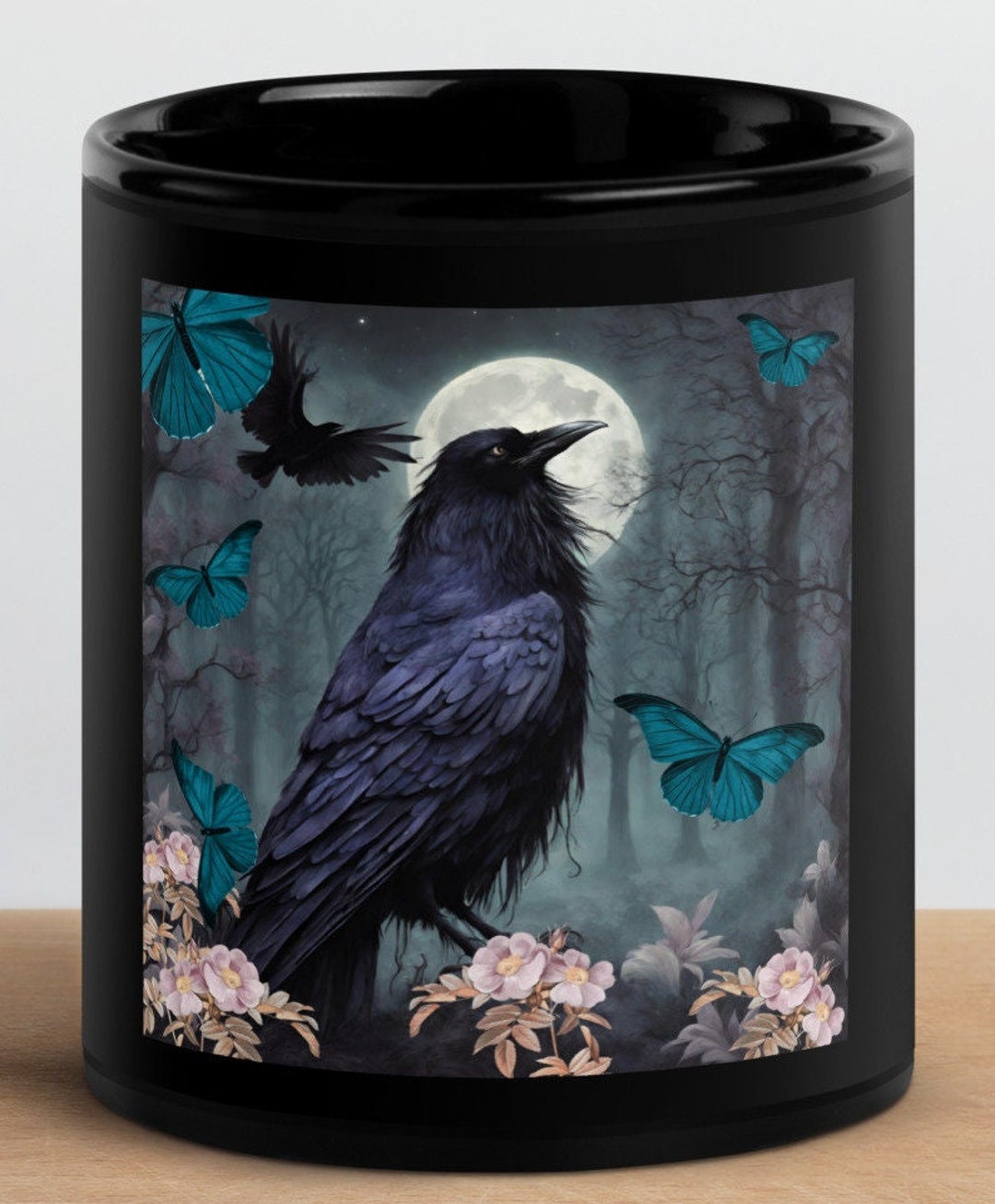 Raven Under the Full Moon With Butterflies Under Moon on Black Mug ...