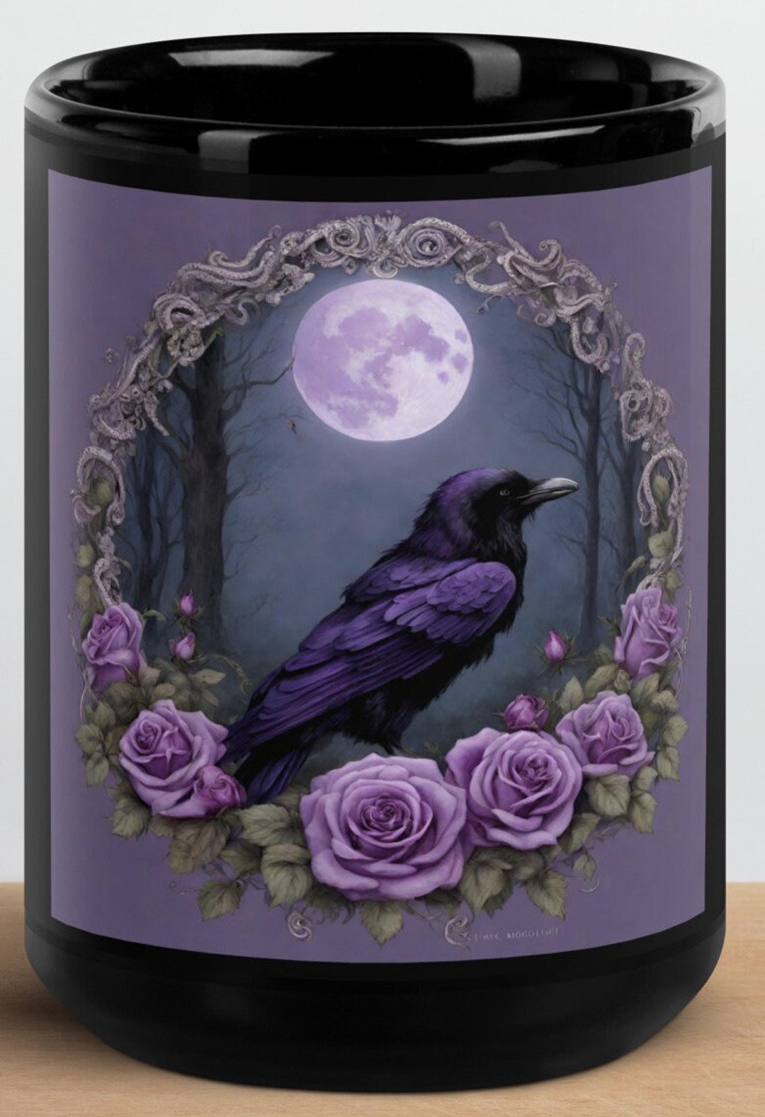 Raven With Flowers on Black Mug - Etsy